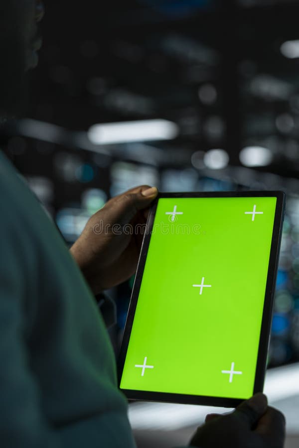 Close Up of Software Developer in Data Center Using Green Screen Tablet Stock Image - Image of ...