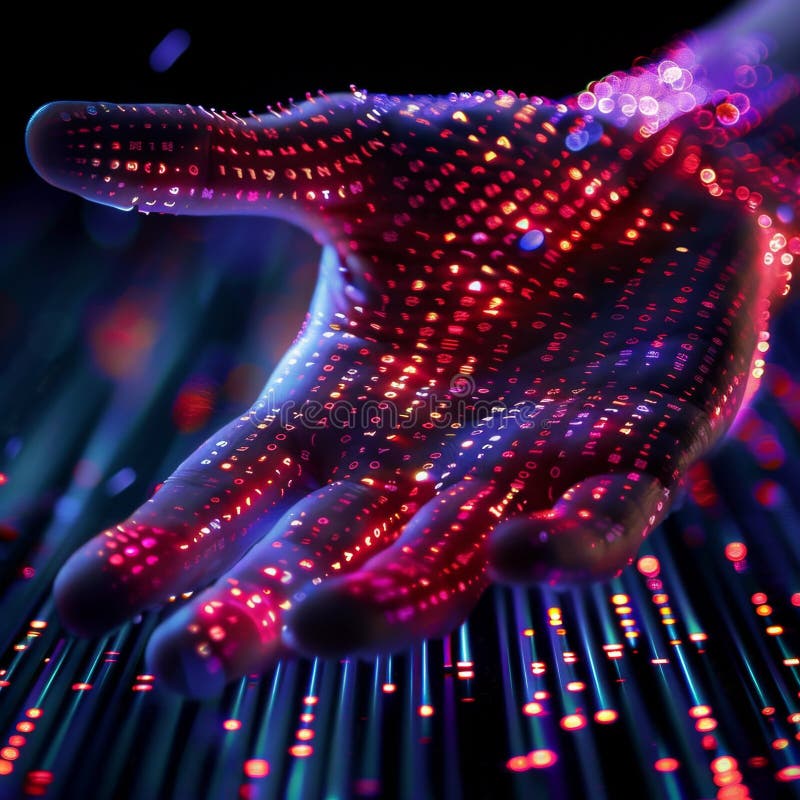 Close Up of a Software Developer Hand Touching a Digital Data Flow with ...