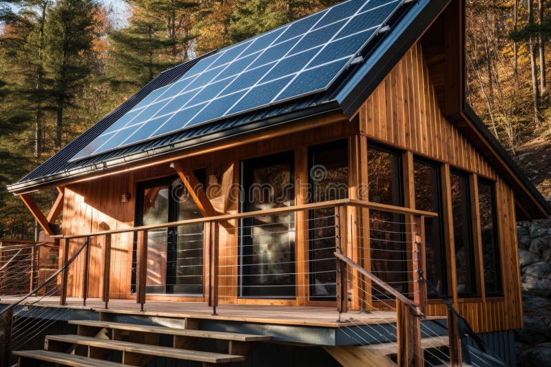 Close-up of Solar Panel Installation on a Wooden Cabin Stock ...