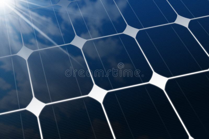 3D Illustration Solar Energy Concept. Sunset Sky Reflection on ...