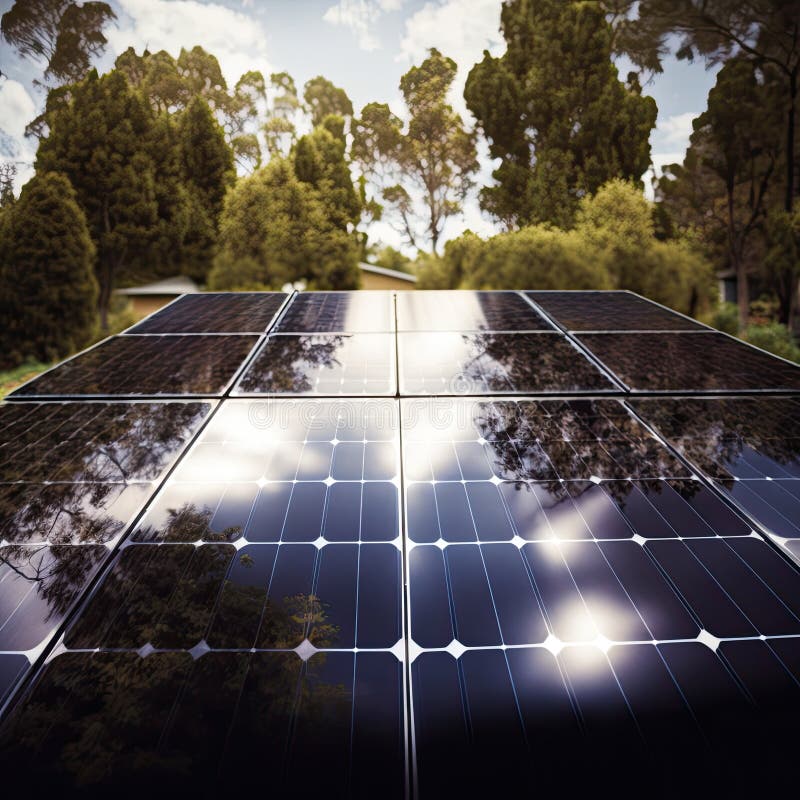 Close Up of Solar Panels in Forest with Light Reflections of Sun and ...
