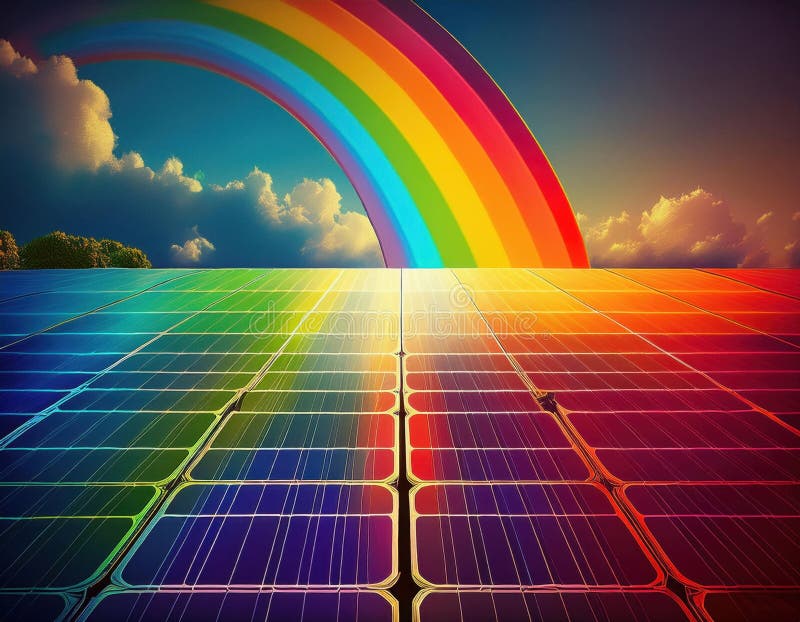 Close Up Solar Panels with a Rainbow in the Background Stock ...