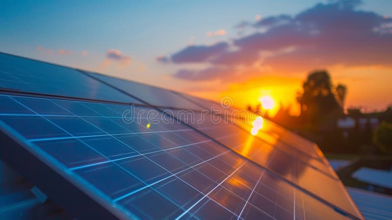 Close-up of Solar Panels Reflecting the Setting Sun, Symbolizing Clean ...