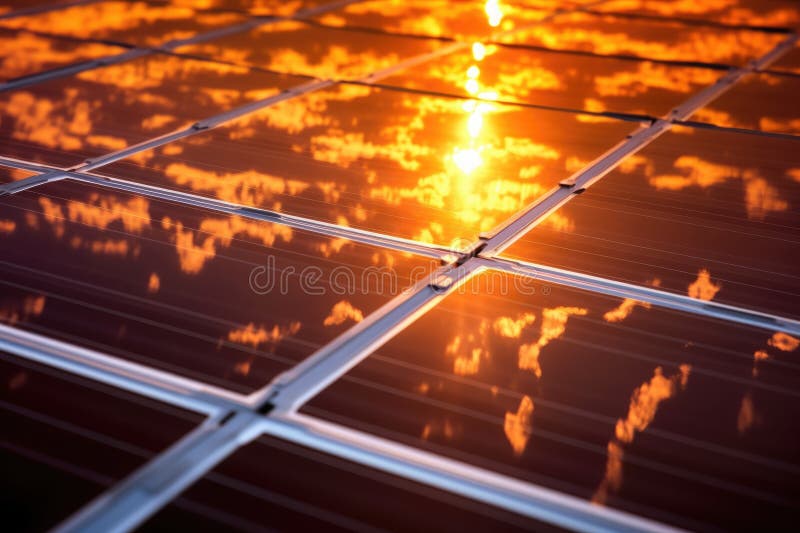 Close-up of Solar Panels with a Setting Sun Reflection Stock Photo ...