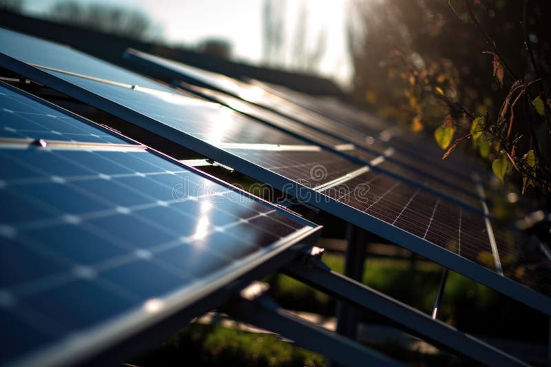 Close-up of Solar Panels, with Sun Shining Down and Casting Shadows ...