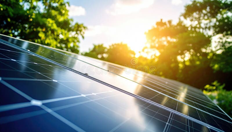 Close-Up of Solar Panels in Sunlight with Greenery â€“ Renewable Energy ...