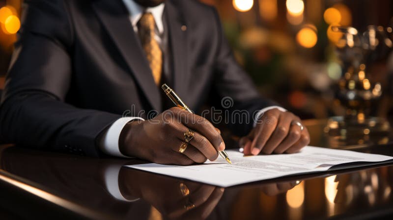 Close-up of a Solemn Black Man Signing a Document, Hands Writing Stock ...