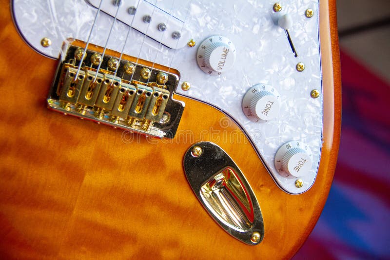 Close Up of a Solid Orange Electric Guitar Stock Photo - Image of sound ...