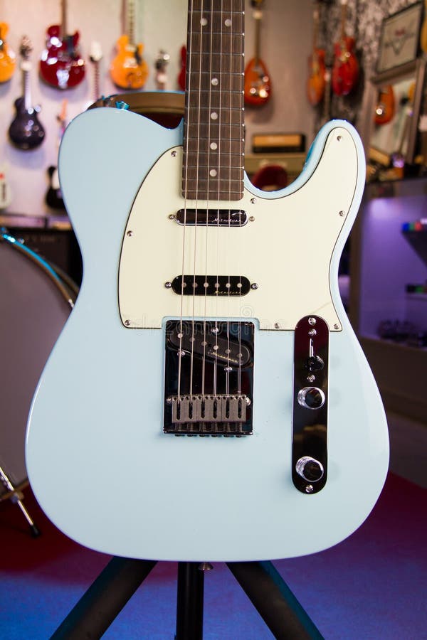 Close Up of a Solid Sky Blue Electric Guitar Stock Photo - Image of ...