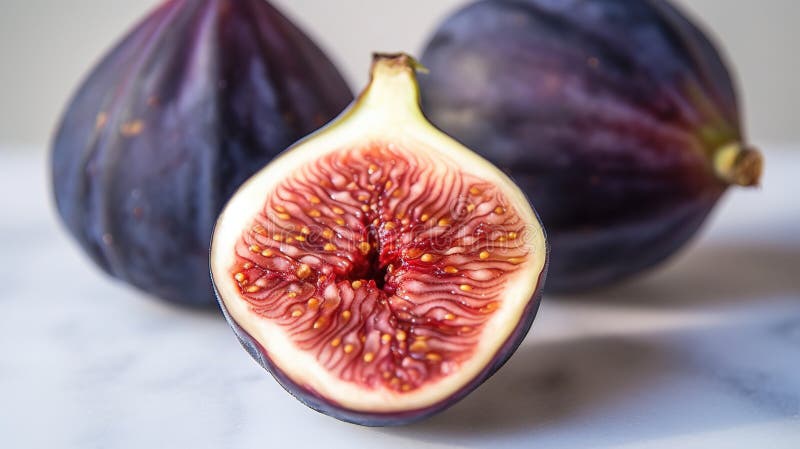 A Close Up of Some Figs on a White Table with One Cut in Half and the ...