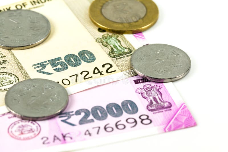 Close-up of Some New Indian Rupee Bank Notes with Coins Stock Image ...