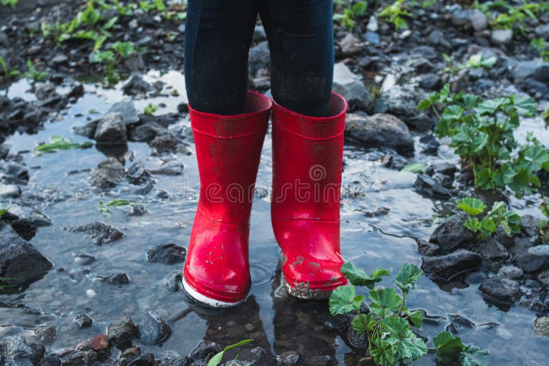 Close-up of Some Red Boots in a Puddle Formed by the Rain Stock Image ...