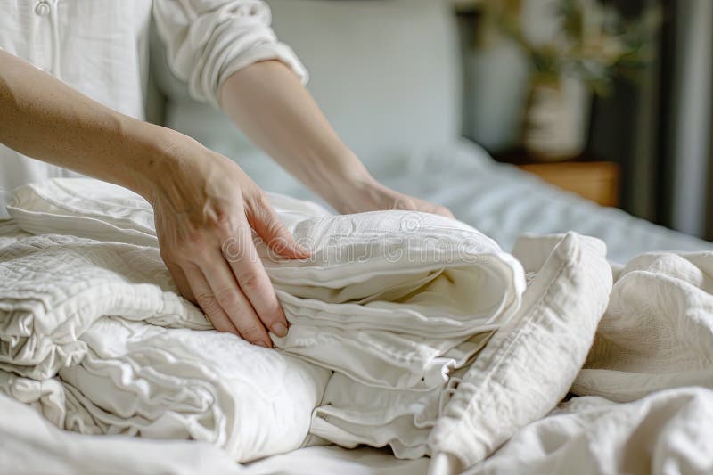 A Close-up of Someone Preparing To Change Bed Sheets, Holding Fresh ...