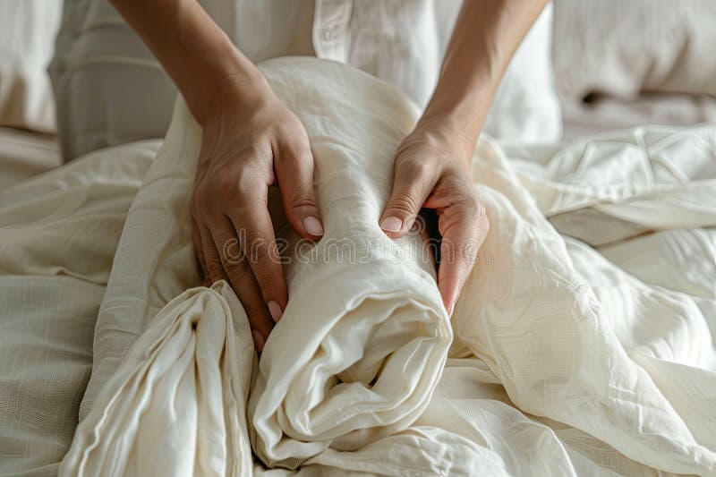 A Close-up of Someone Preparing To Change Bed Sheets, Holding Fresh ...