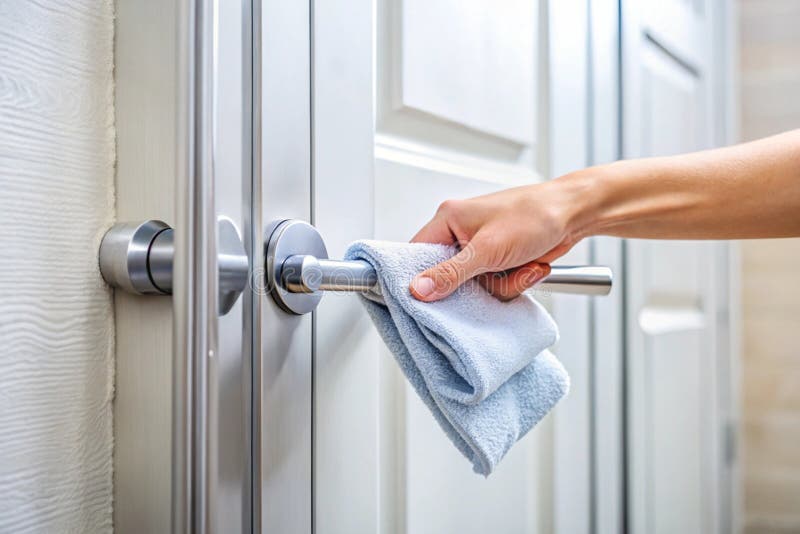 Wiping the Door Handle with Microfiber Cloth in Bathroom Stock ...