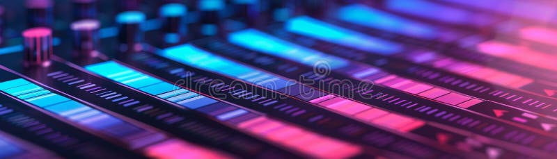 Close-up of a Sound Mixing Console with Faders and Knobs in Vibrant ...