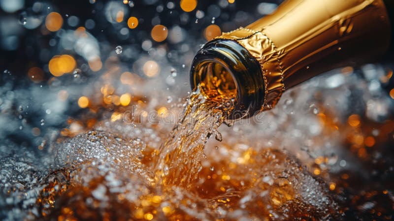 Close Up of Sparkling Champagne Bottle Pouring Bubbly Liquid Stock ...