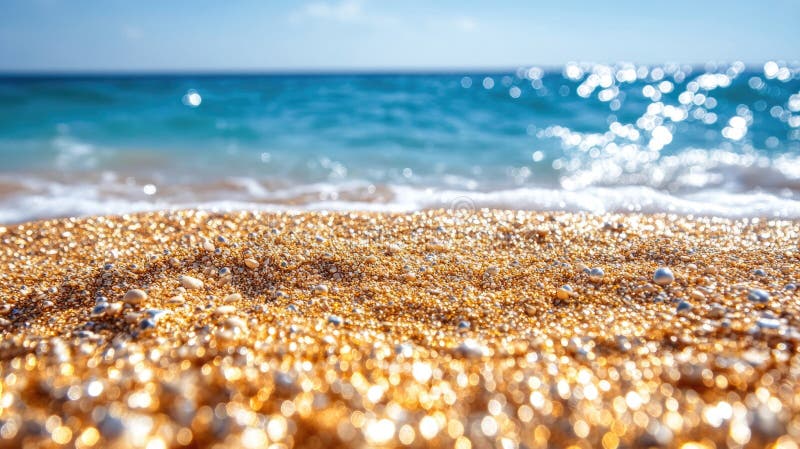 Close Up Sparkling Golden Sand Blue Ocean Background Stock Photos ...