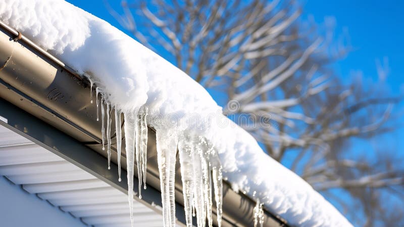 Close-up of Sparkling Icicles Hanging from Snowy Rooftops and Tree ...