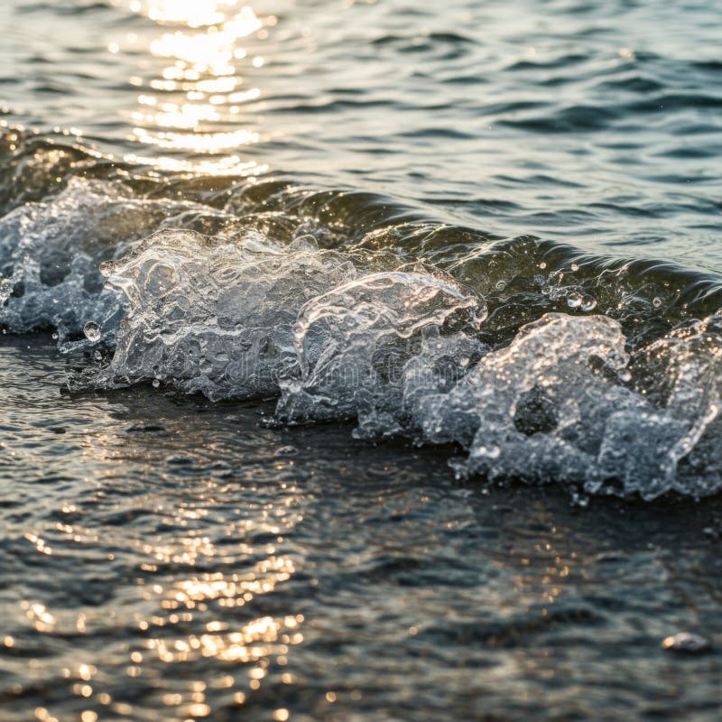 Close Up of Sparkling Ocean Wave on Sandy Beach at Sunset Stock ...