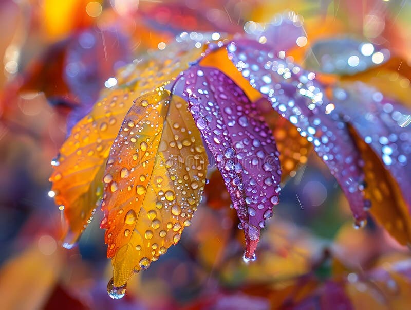 Close Up of Sparkling Raindrops on Autumn Leaves Stock Illustration ...