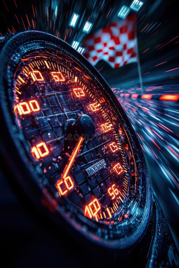 Close-up of a Speedometer with Motion Effect and Checkered Flag ...
