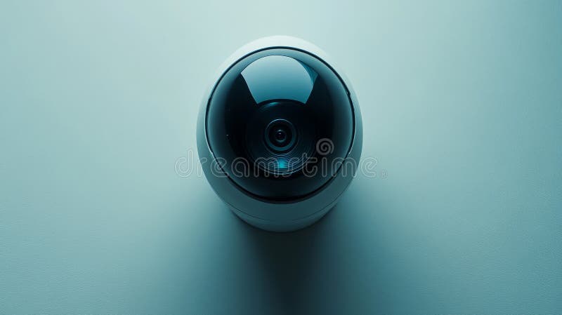 A Close-up of a Spherical Security Camera Against a Blue Background ...