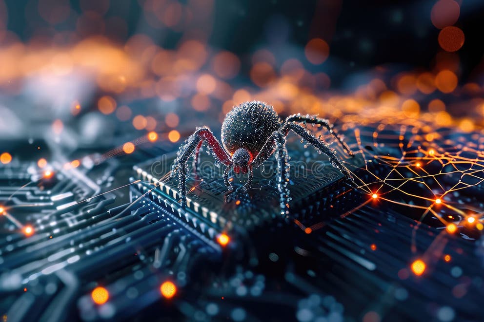 Close-up of Spider on the Computer Circuit Board. Spying Technology or ...