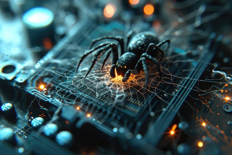 Close-up of Spider on the Computer Motherboard. Spying Technology or ...