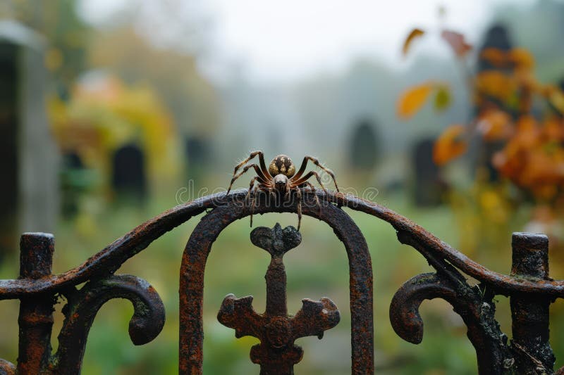 Eerie Spider Rusty Gate Foggy Graveyard - Spooky Halloween Nature ...
