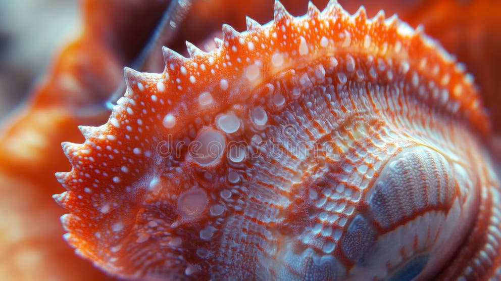 Close-up of a Spiky, Red, and White Shell with a White Circular Pattern ...