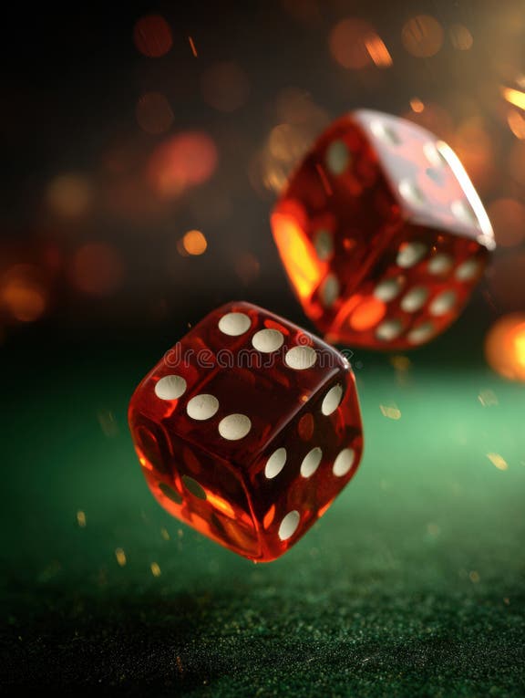 Close-up of Spinning Dice on Green Felt Illuminated by a Glowing Light ...