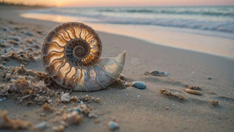 Ammonite Fossil on Sandy Beach at Sunset Stock Illustration ...