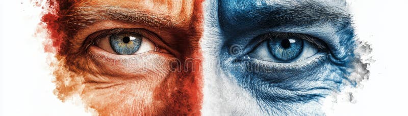 Close-up of a Split Face with a Blue and a Red Side, Both Eyes Open ...