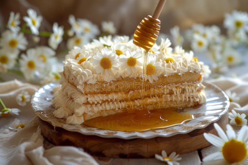 Honey Drizzle on Daisy Garnished Cake Stock Image - Image of elegant ...