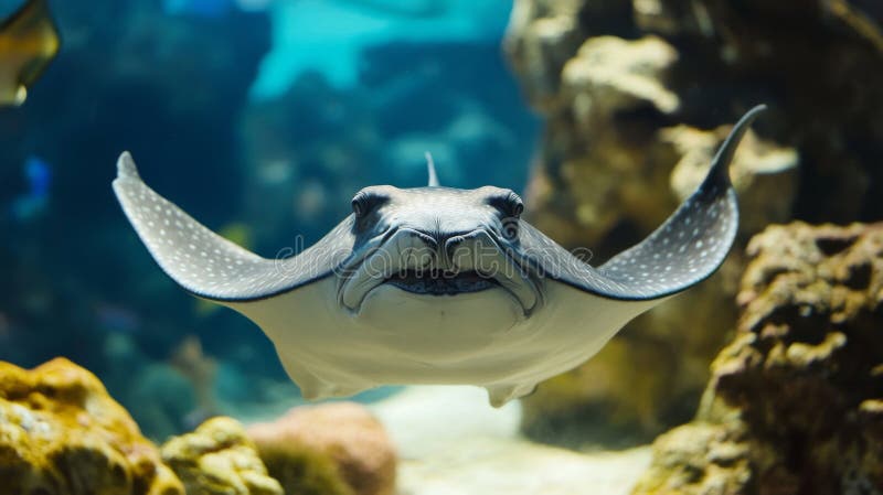 Close Up of a Spotted Grey Ray Swimming Underwater in a Vibrant Blue ...