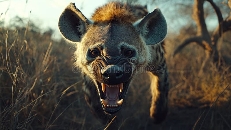 Close-up of a Spotted Hyena Snarling in the Savanna at Sunset Stock ...