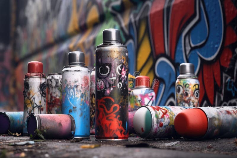 Close-up of Spray Paint Cans Near Graffiti Wall Stock Image - Image of ...