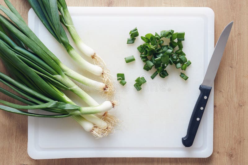 Chopped Spring Onion on Cutting Board Stock Image - Image of kitchen ...