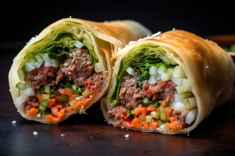 Close-up of a Spring Roll Cut in Half, Revealing Filling Stock Photo ...