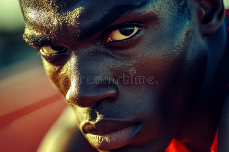 Close-up of a Sprinter Runner Sitting at the Start, a Portrait of His ...