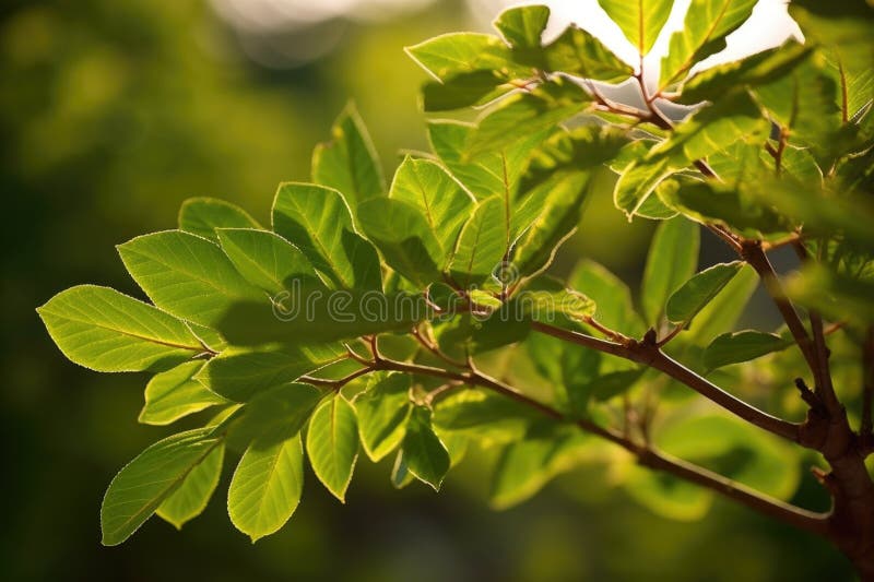 Close-up of Sprouting Tree Leaves, with Sunlight Filtering through ...