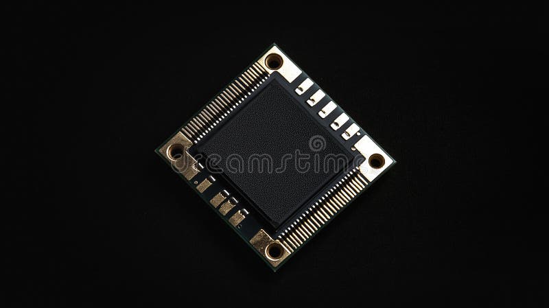 Close-up of a Square Microchip with Gold Connectors on a Black ...