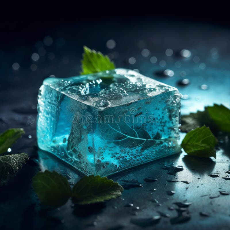 Close Up of Square Piece of Blue Translucent Soap with Mint Generative ...