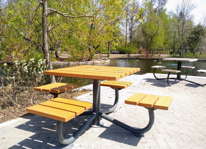 Close-up of a Square Table with 4 Attached Seats. Stock Image - Image ...