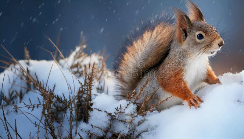 A Close-up of a Squirrel in a Snow-covered Landscape, with Snowflakes ...