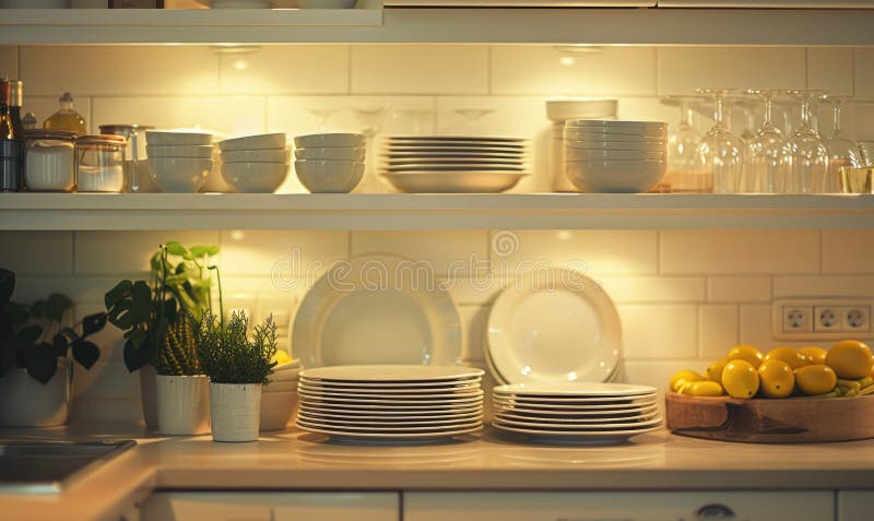 Close-up of Stack of Clean White Dishes in Modern Kitchen Stock Image ...
