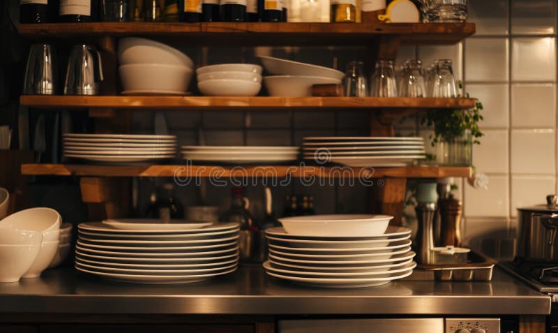Close-up of Stack of Clean White Dishes in Modern Kitchen Stock Photo ...