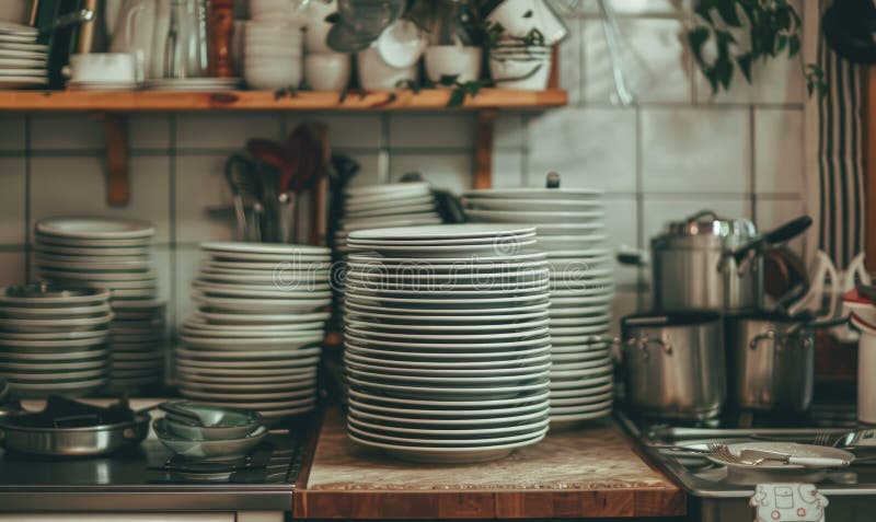 Close-up of Stack of Clean White Dishes in Modern Kitchen Stock Photo ...