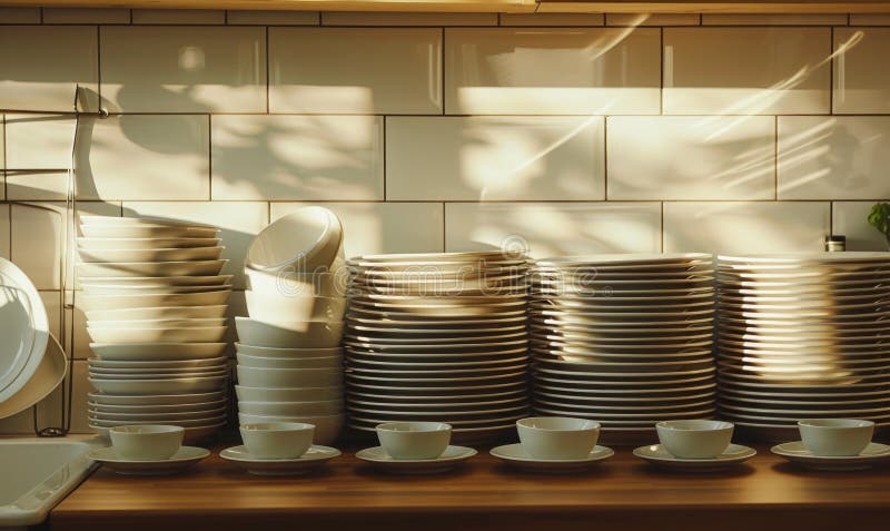 Close-up of Stack of Clean White Dishes in Modern Kitchen Stock Image ...